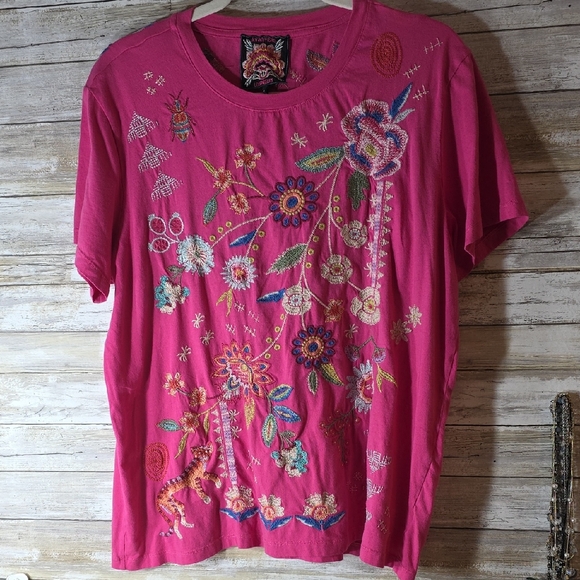 Johnny Was | Tops | Johnny Was Pink Floral Embroidered Tee | Poshmark